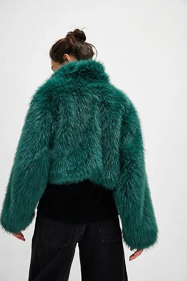Free People Paris Cropped Faux Fur Jacket - Uncut Emerald
